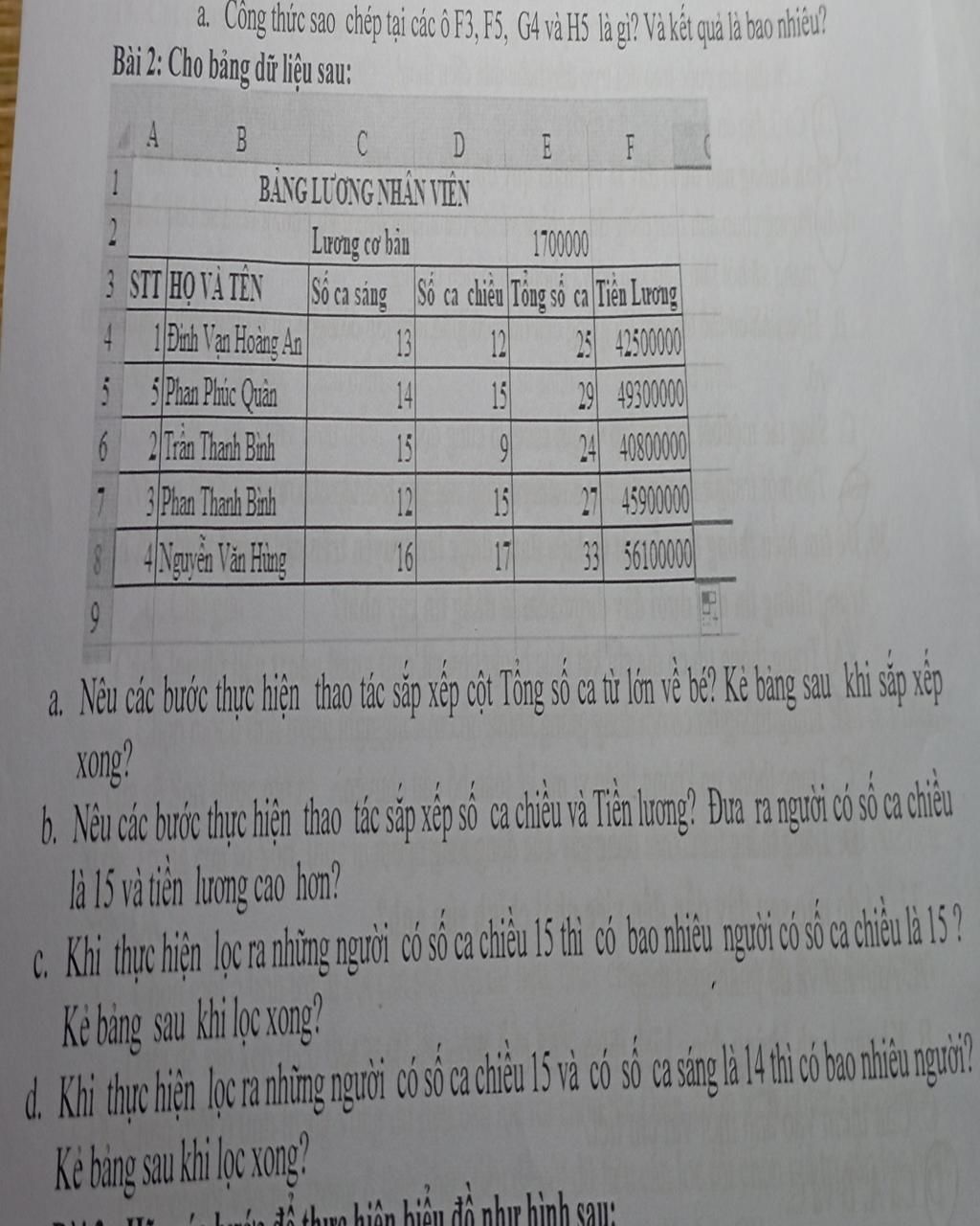 a. Công thức sao chép tại các ô F3,F5, G4 và HS là gi? Và kết quả là ...
