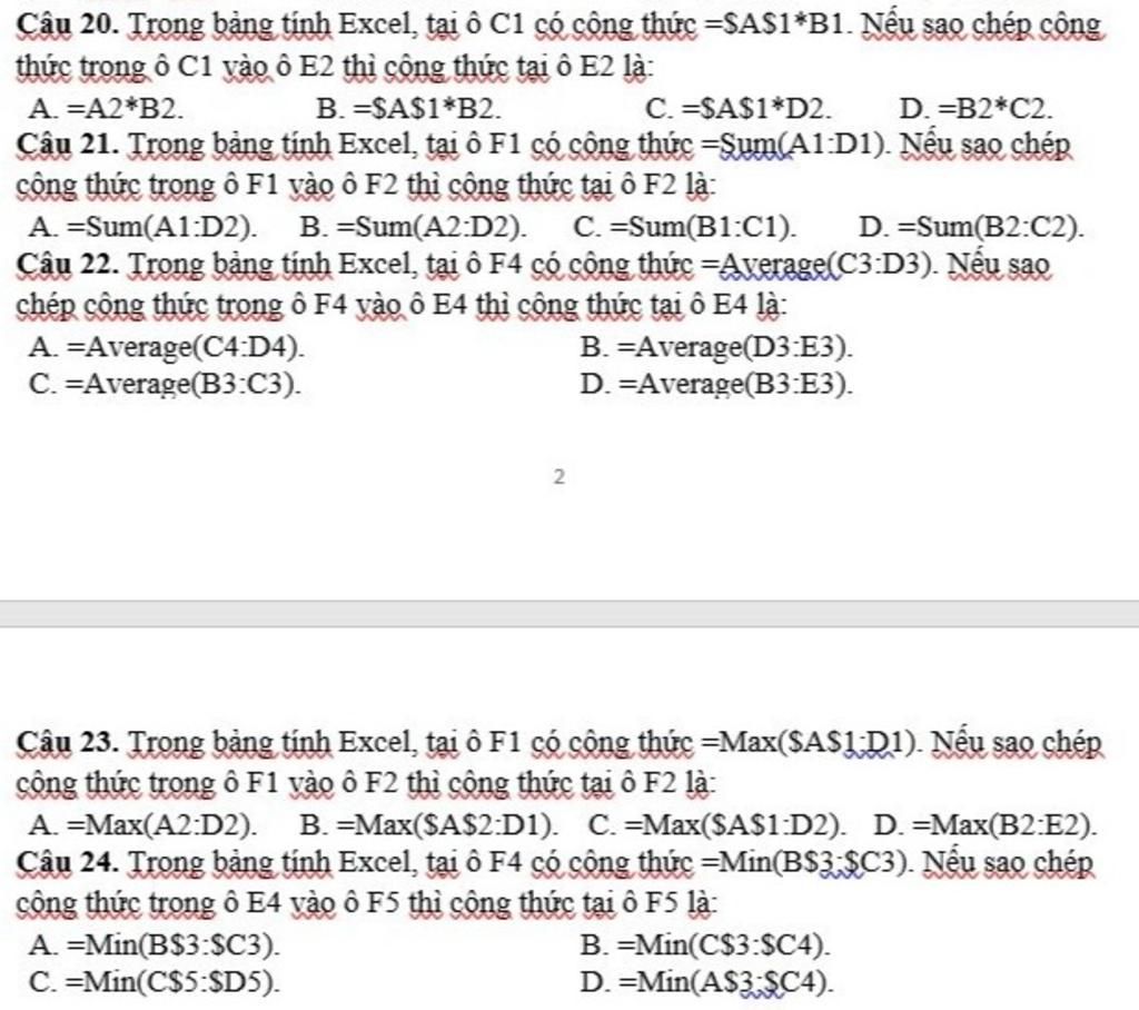 Câu 20. Trong bảng tính Excel, tại ô C1 có công thức =SAS1*B1. Nếu sao ...