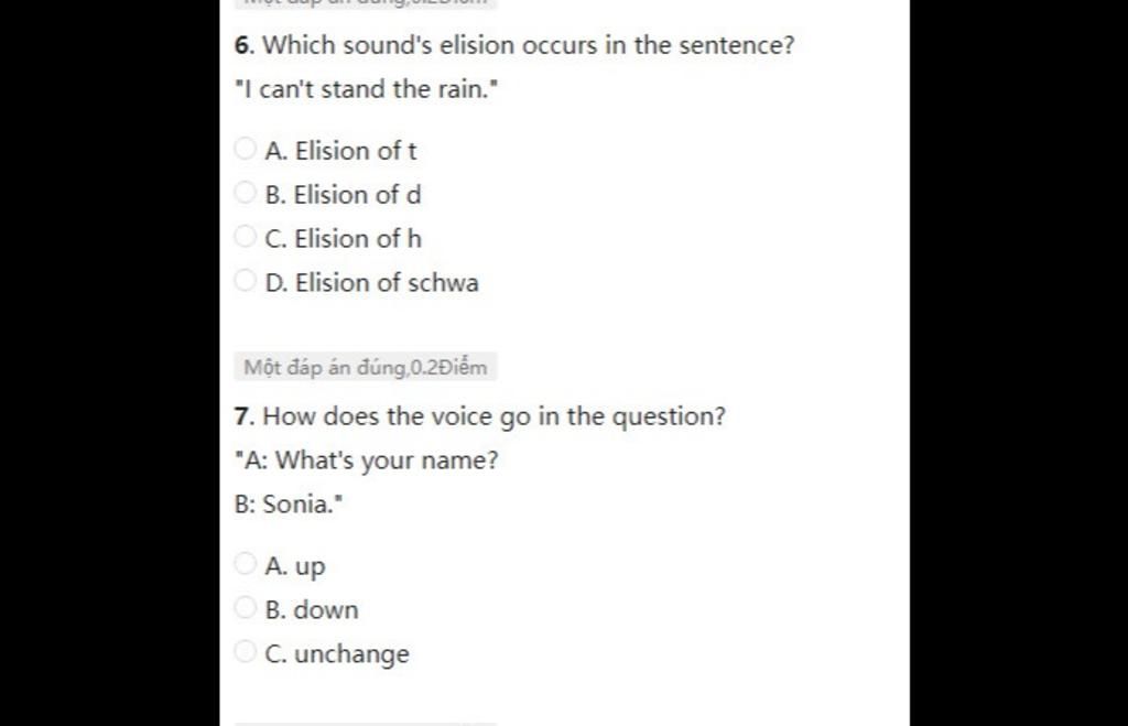 6. Which sound's elision occurs in the sentence? "I can't stand the ...