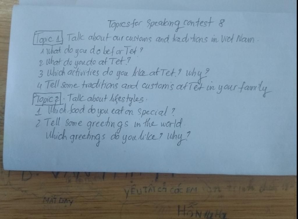 Topics for Speaking contest 8 [Topic & Tall about our customs and ...