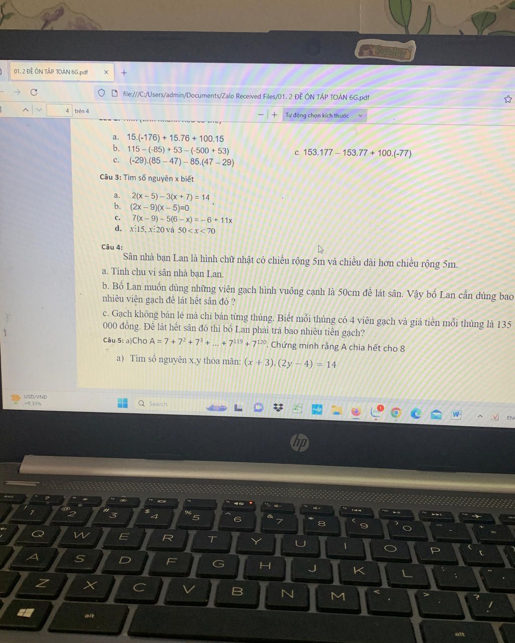3 3 01. 2 ĐỀ ÔN TẬP TOÁN 6G.pdf → C USDNND +0.35% 7 A Z 4 trên 4 B 2 W S x alt X + 2 file:///C ...