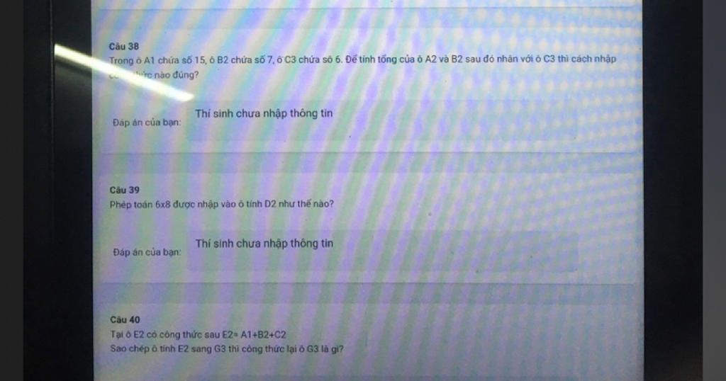 Câu 38 Trong ô A1 chứa số 15, ô B2 chứa số 7, ô C3 chứa so 6. Để tính ...