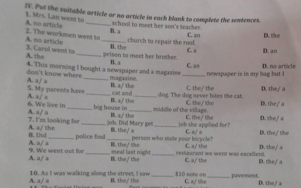 IV. Put the suitable article or no article in each blank to complete ...