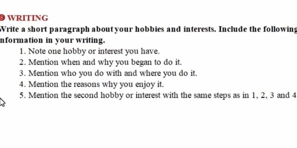 8 WRITING Write a short paragraph about your hobbies and interests ...