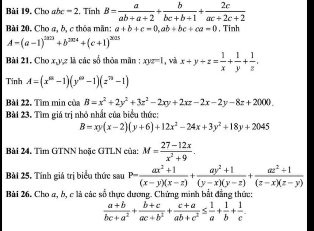 a b 2c Bài 19. Cho abc =2. Tính B= + ab+a+2 bc+b+1 ac +2c +2 Bài 20 ...