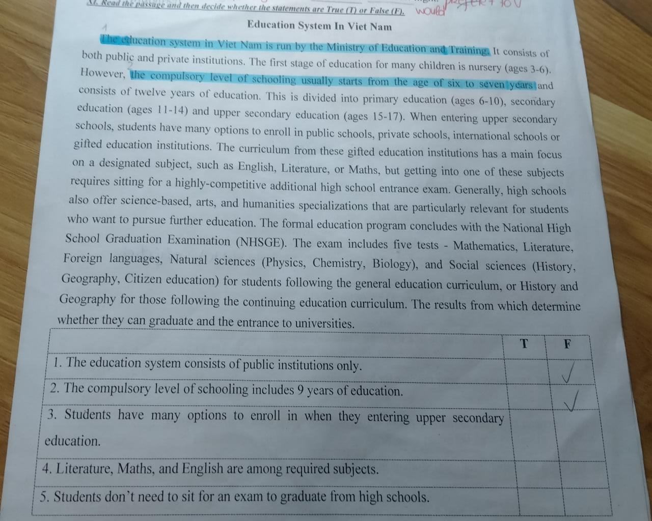 . Read the passage and then decide whether the statements are True (1 ...