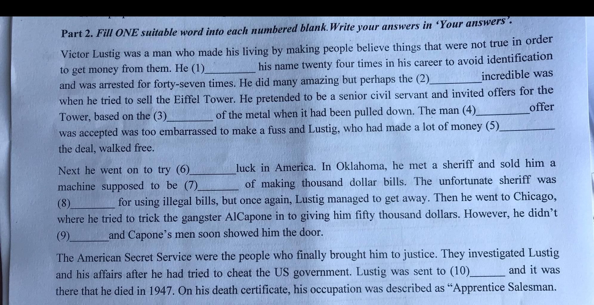 Part 2. Fill ONE suitable word into each numbered blank. Write your ...