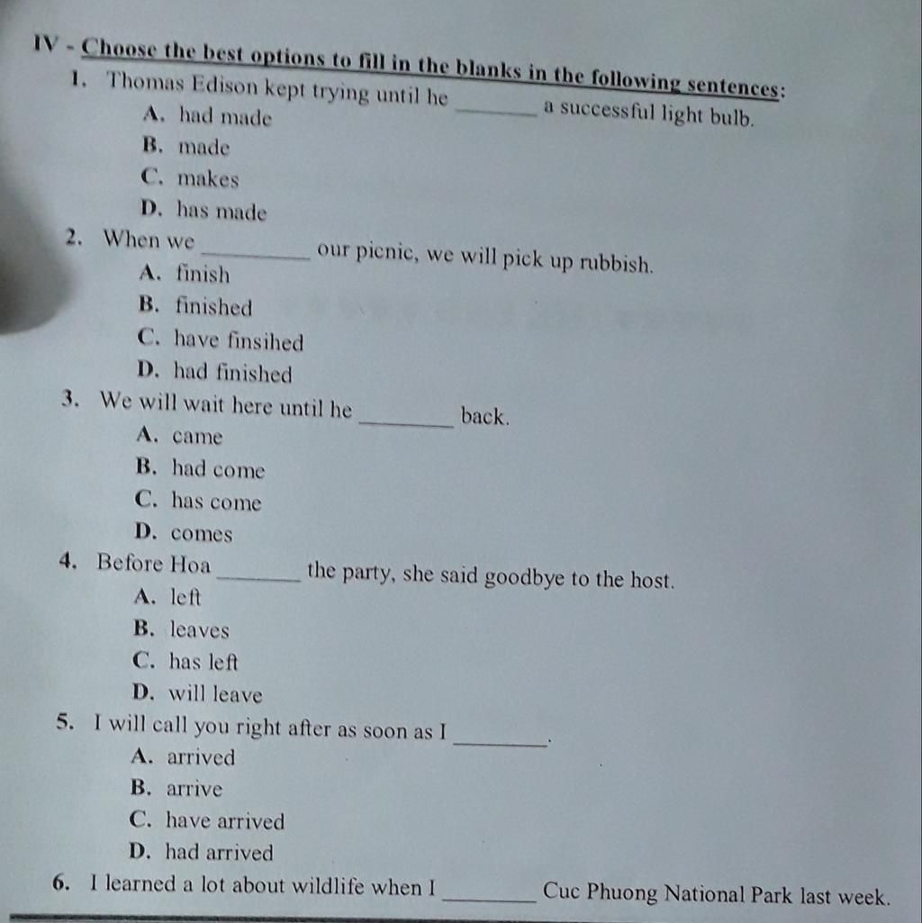 IV-Choose the best options to fill in the blanks in the following ...