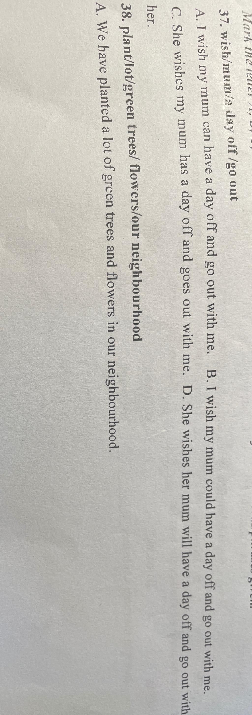 Mark the 37. wish/mum/a day off /go out A. I wish my mum can have a day ...