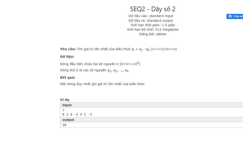 SEQ2 - Dãy số 2 Dữ liệu vào: standard input Dữ liệu ra: standard output Giới hạn thời gian: 1.0 ...