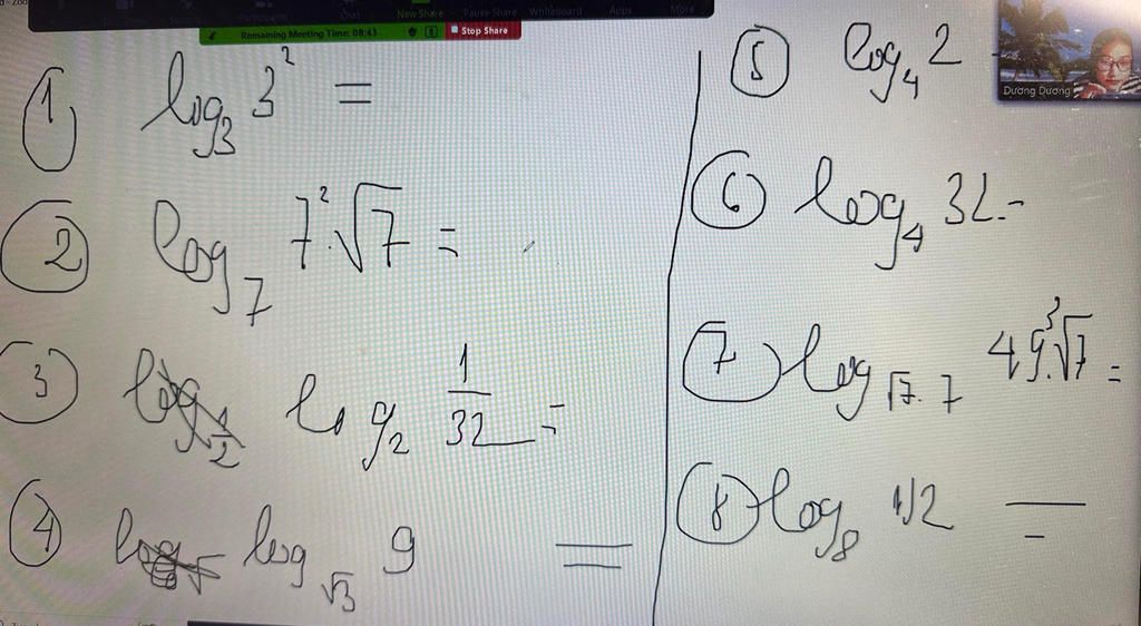 Remaining Meeting Time 08:43 O log 3 2 3 2 O log₂ 7:√7 = log's Stop ...