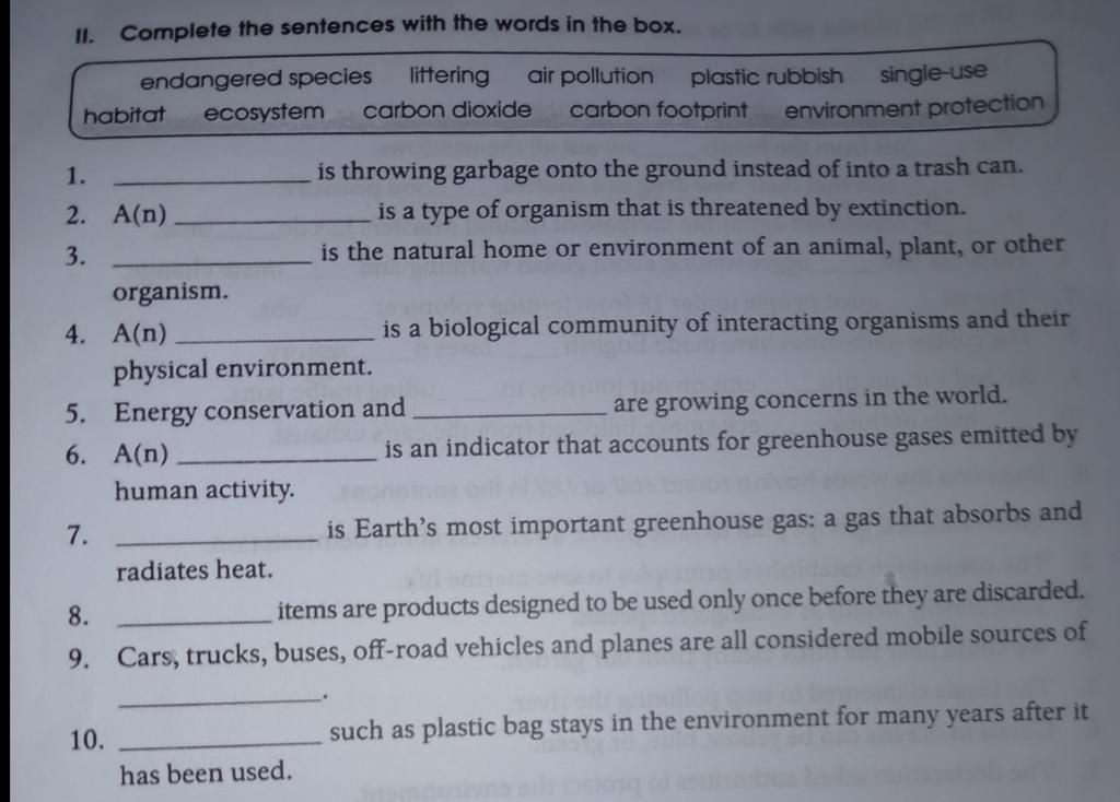 II. Complete the sentences with the words in the box. endangered ...