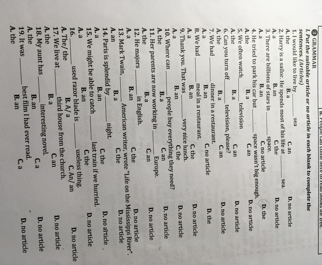 3 GRAMMAR I. Put the suitable article or no article in each blank to ...