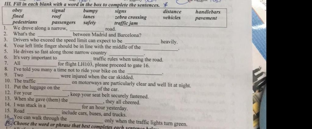 III. Fill in each blank with a word in the box to complete the ...