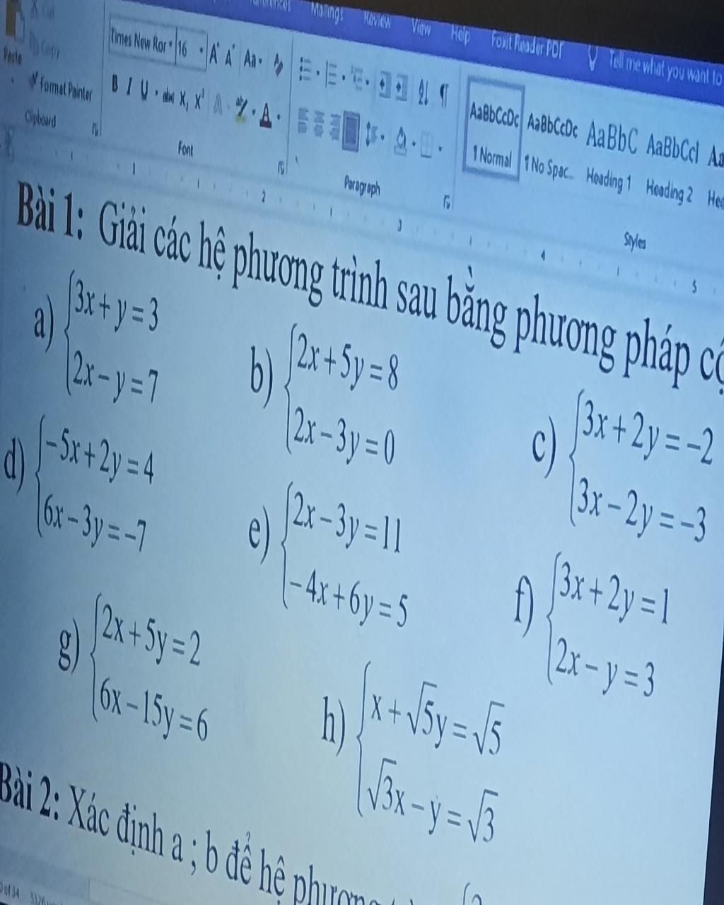 Clipboard d) a) Ts N R16 AA Aa E BIVX, X A.A.S. Bài 1: Giải các hệ ...