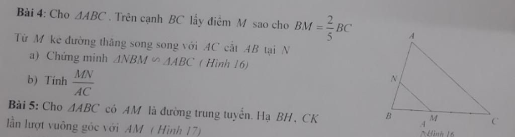 Bài 4: Cho 44BC. Trên cạnh BC lấy điểm M sao cho BM ==BC -BC Từ M ke ...