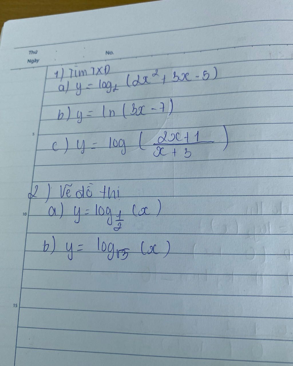 15 Thu Ngày 10 No. 4) Tim IXD a) y = log₂ (20² + bue-5) b) y = ln (3x-7 ...
