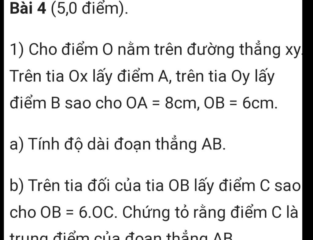 Bài 4 (5,0 điểm). 1) Cho điểm O nằm trên đường thẳng xy Trên tia Ox lấy điểm A, trên tia Oy lấy ...