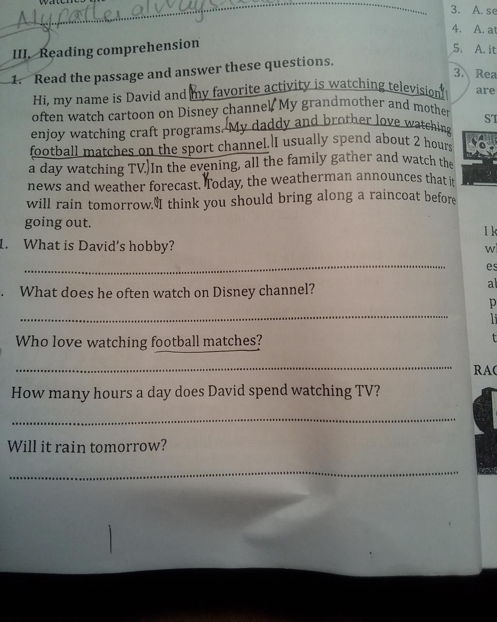 Ally matter.. III. Reading comprehension 1. Read the passage and answer ...
