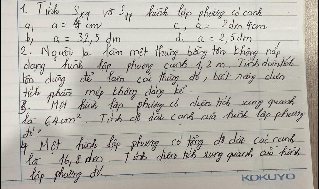 Sxq là diện tích xung quanh Stp là diện tích toàn phần giúp mình với1 ...