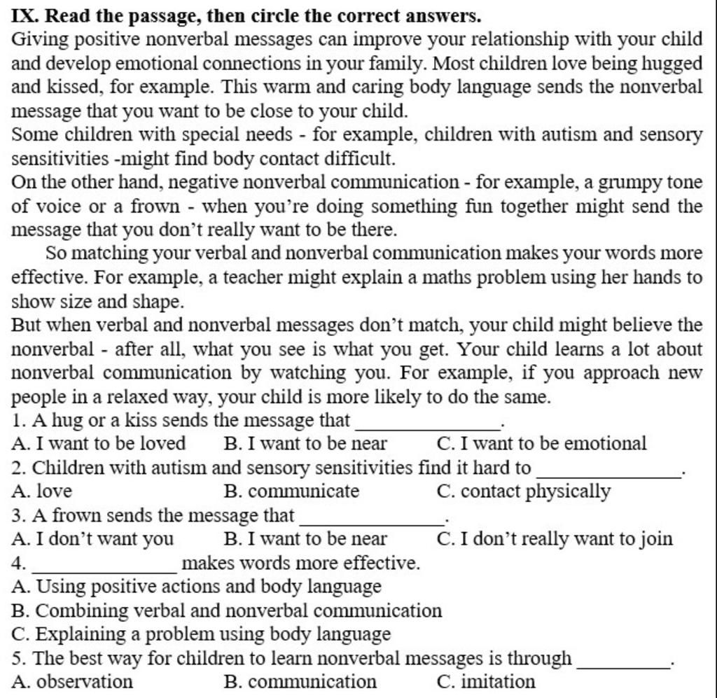 IX. Read the passage, then circle the correct answers. Giving positive ...