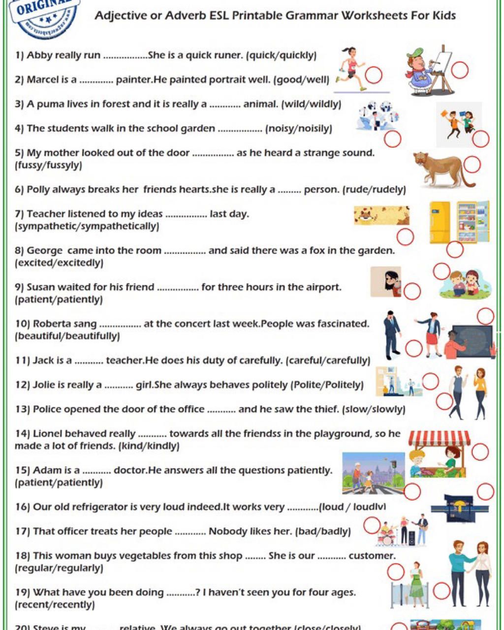 ORIG Adjective or Adverb ESL Printable Grammar Worksheets For Kids 1 ...