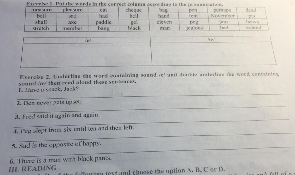 Exercise 1. Put the words in the correct column according to the ...