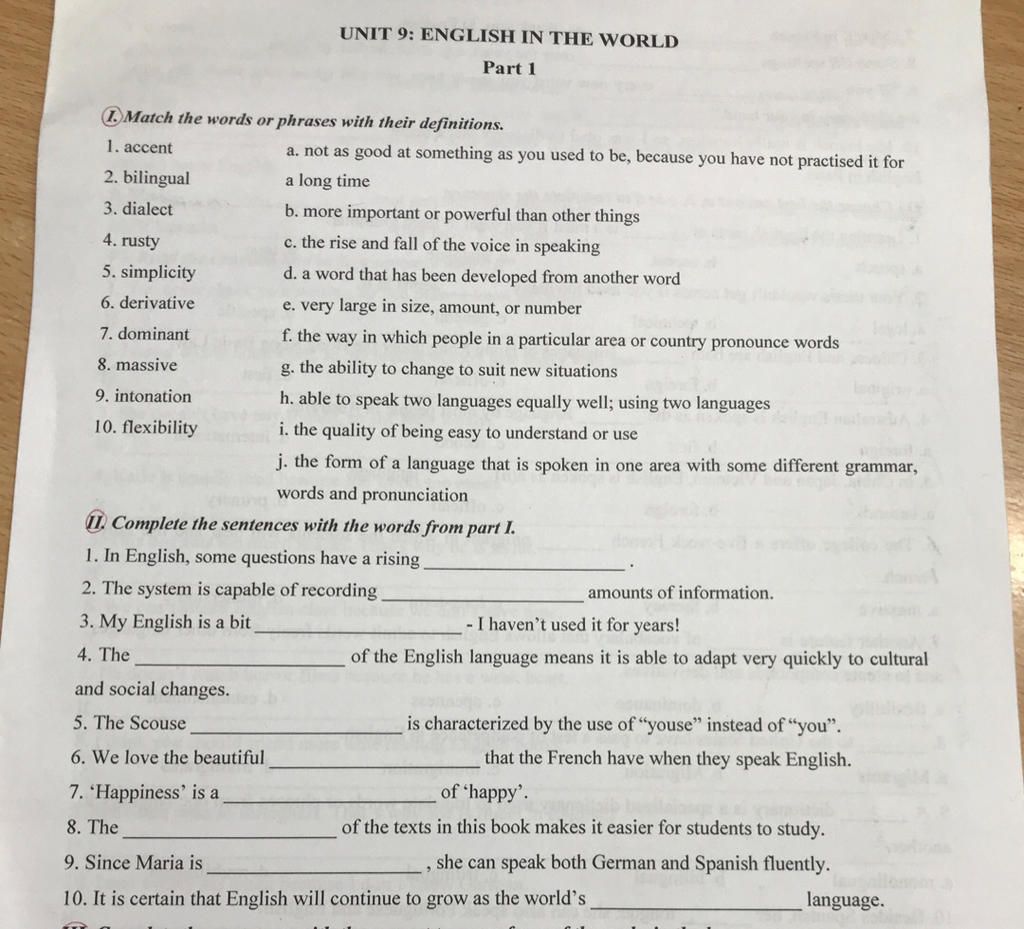 UNIT 9: ENGLISH IN THE WORLD Part 1 1.Match the words or phrases with ...