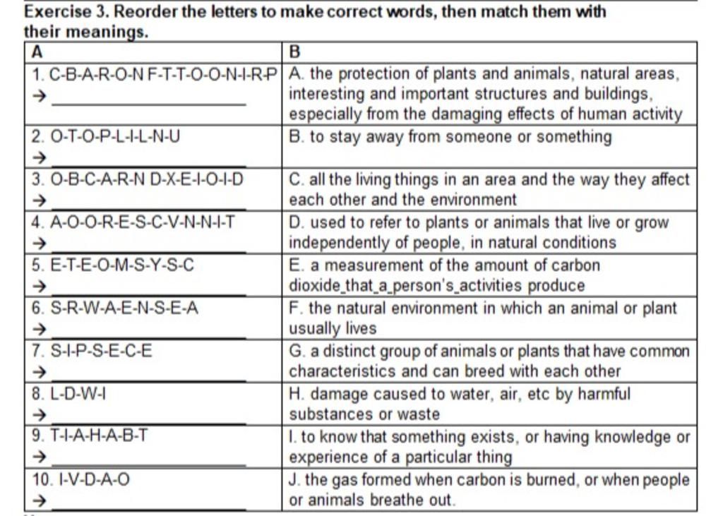 Exercise 3. Reorder the letters to make correct words, then match them ...