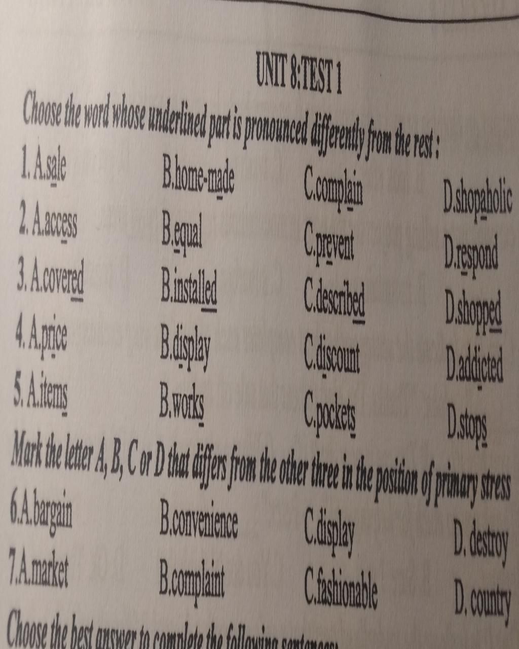 UNIT BATEST 1 Choose the word whose underlined part is pronounced ...