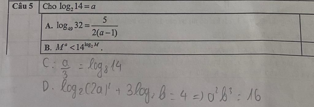 Câu 5 Cho log,14=a A. log 32 = 49 B. Ma