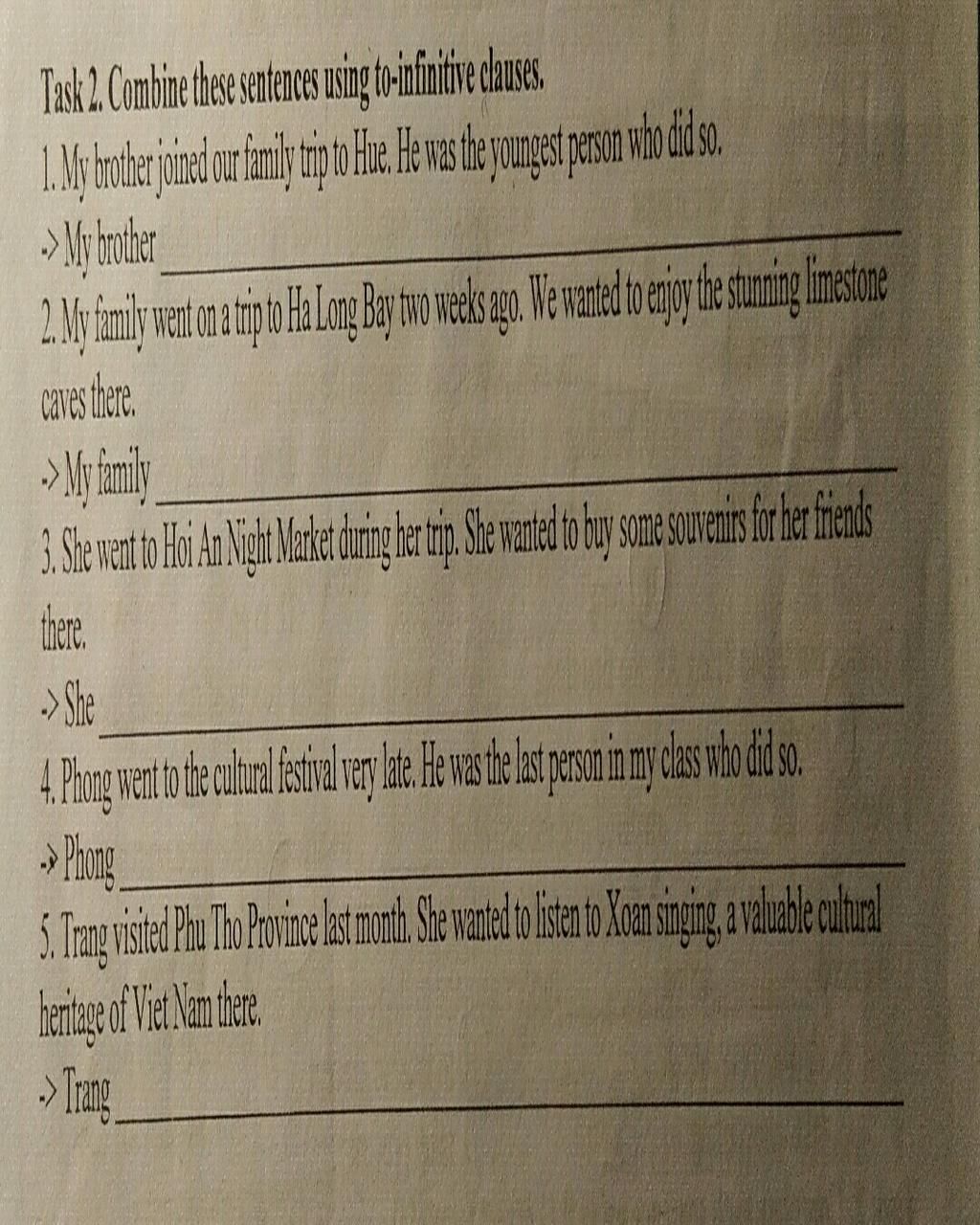 Task 2. Combine these sentences using to-infinitive clauses. 1. My other joined our family to ...