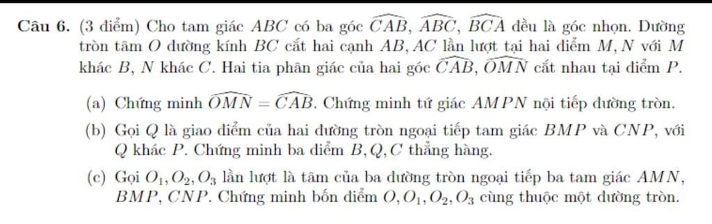 Câu 6. (3 điểm) Cho tam giác ABC có ba góc CAB, ABC, BCA đều là góc nhọn. Dường tròn tâm O dường ...
