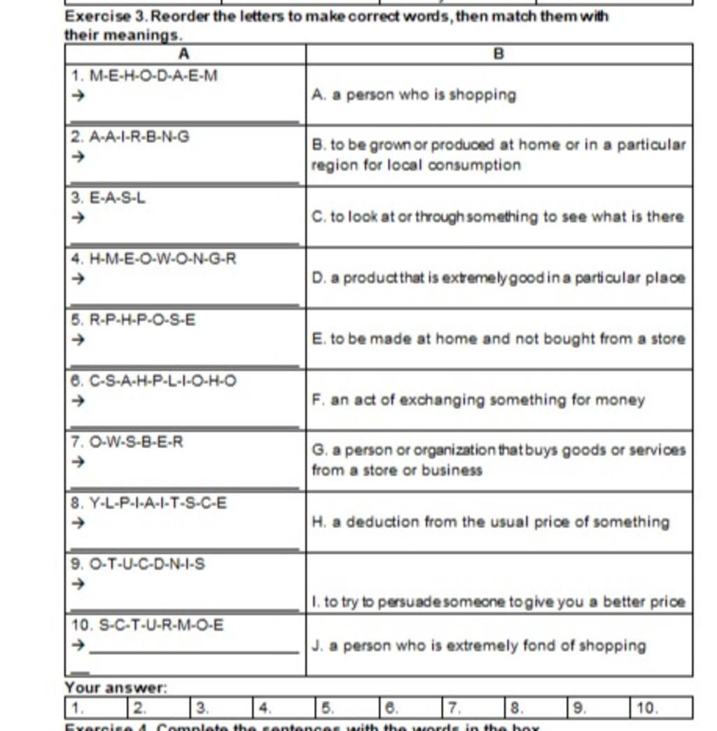 Exercise 3. Reorder the letters to make correct words, then match them ...