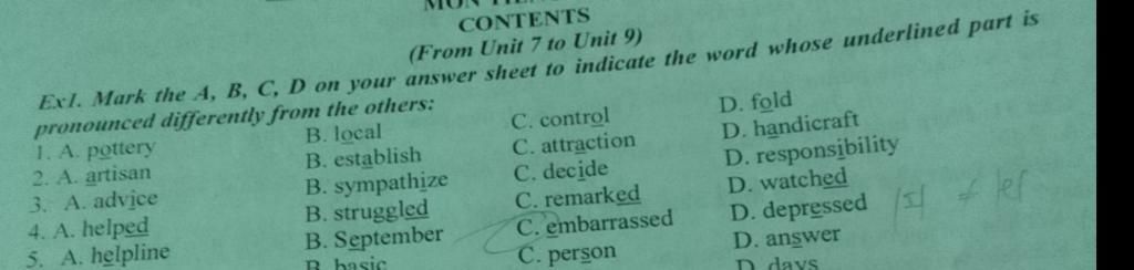 CONTENTS (From Unit 7 to Unit 9) ExI. Mark the A, B, C, D on your ...