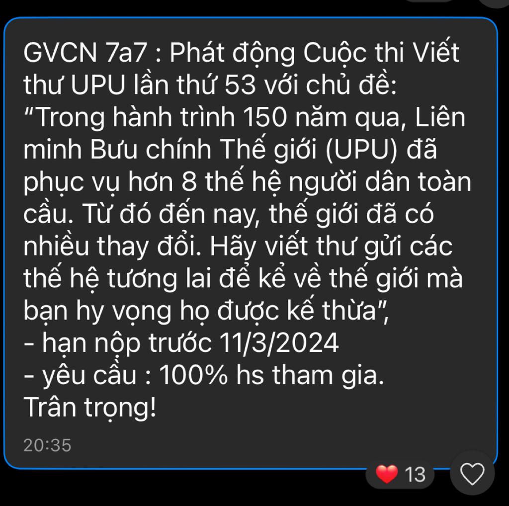 Giúp em ạ ai biết viết thư upu lần thứ 53 không ạ không sao chép mạng ạ ...