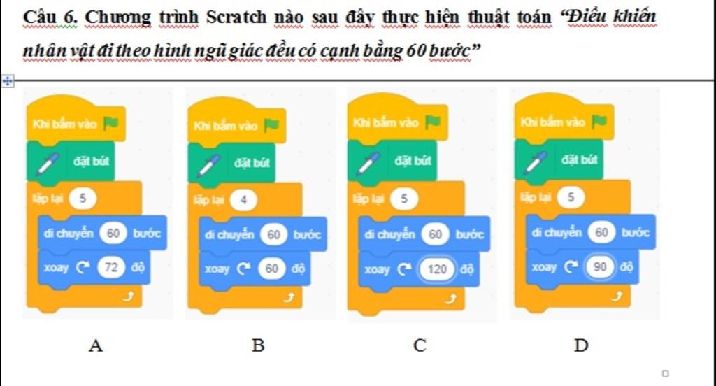 + Câu 6. Chương trình Scratch nào sau đây thực hiện thuật toán “Điều ...