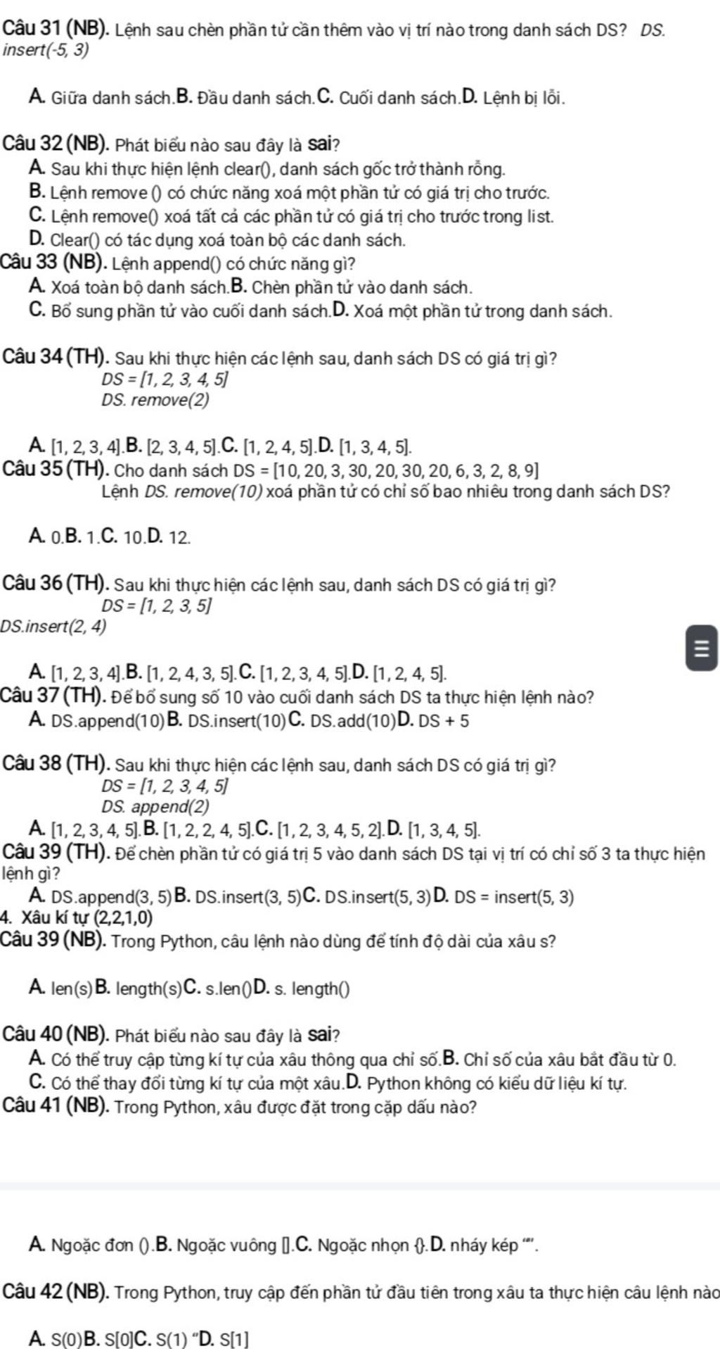 Câu 31 (NB). Lệnh sau chèn phần tử cần thêm vào vị trí nào trong danh ...