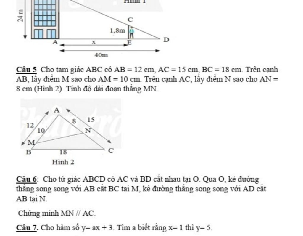 24 m 1.8m X 40m Câu 5 Cho tam giác ABC có AB = 12 cm, AC = 15 cm, BC = 18 cm. Trên cạnh AB, lấy ...