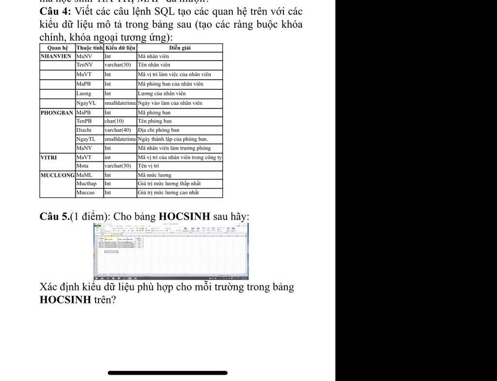 Câu 4: Viết các câu lệnh SQL tạo các quan hệ trên với các kiểu dữ liệu ...