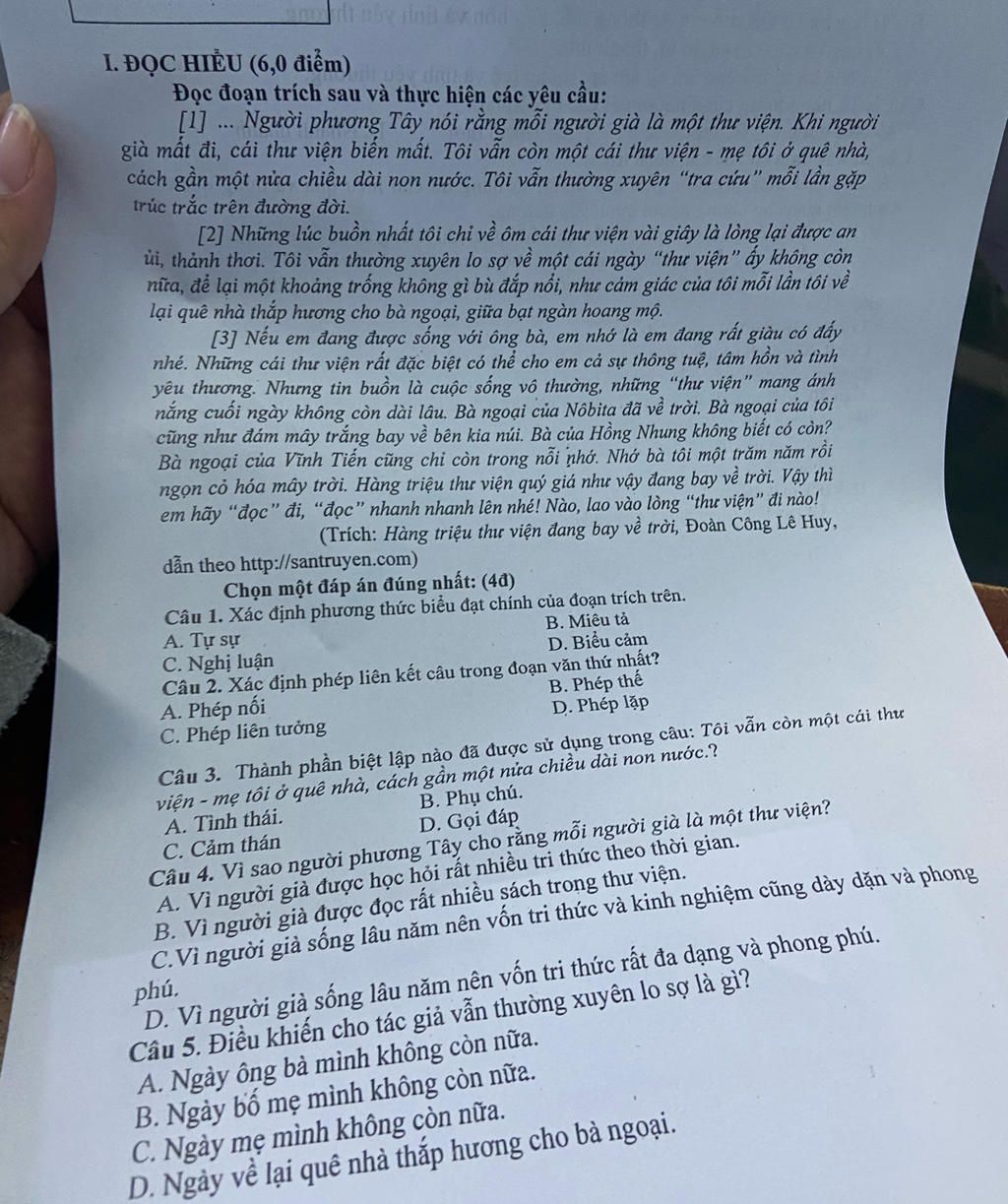 I. ĐỌC HIỂU (6,0 điểm) di nay nil v nod Đọc đoạn trích sau và thực hiện ...
