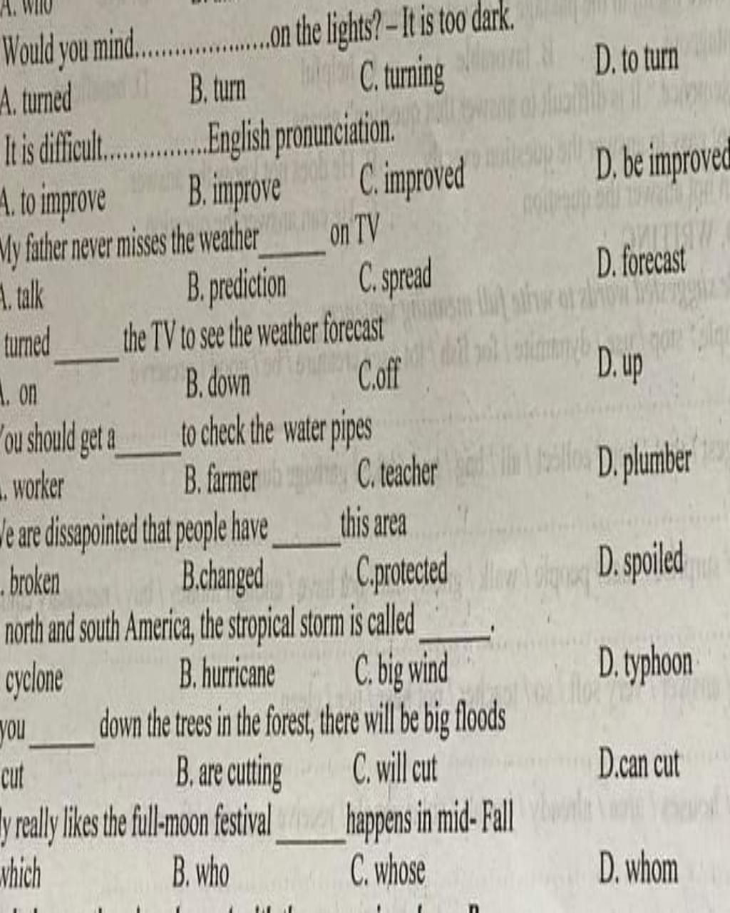 A. turned B. turn Would you mi.................on the lights? - It is ...