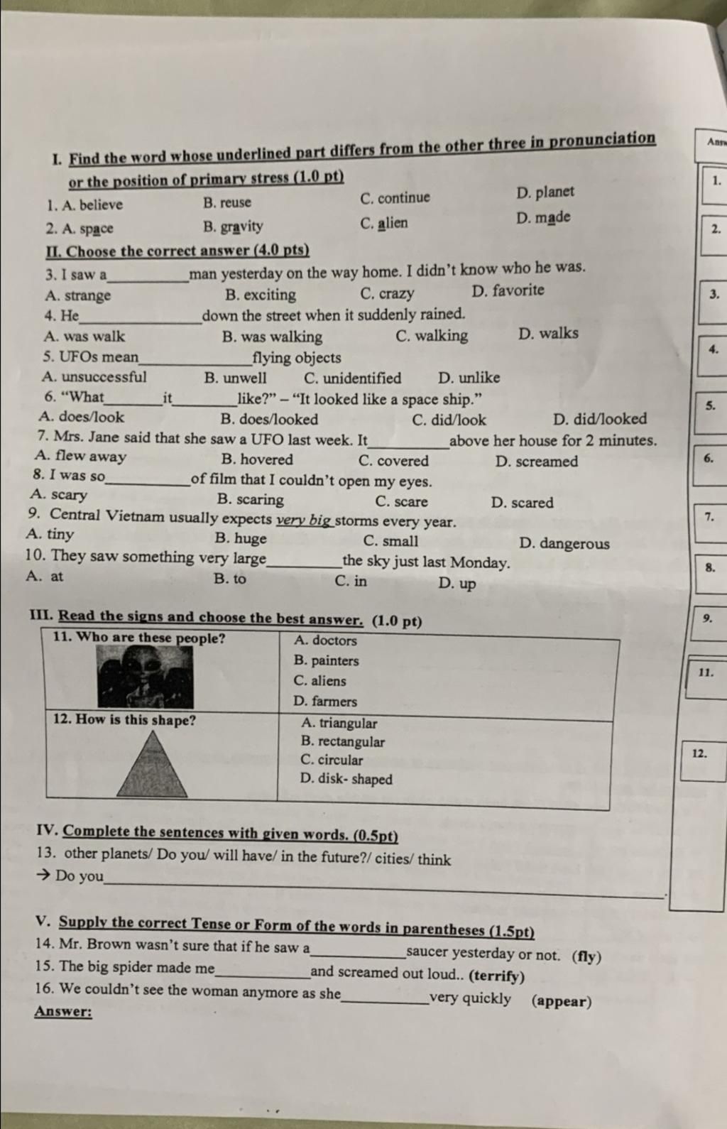 I. Find the word whose underlined part differs from the other three in pronunciation or the ...