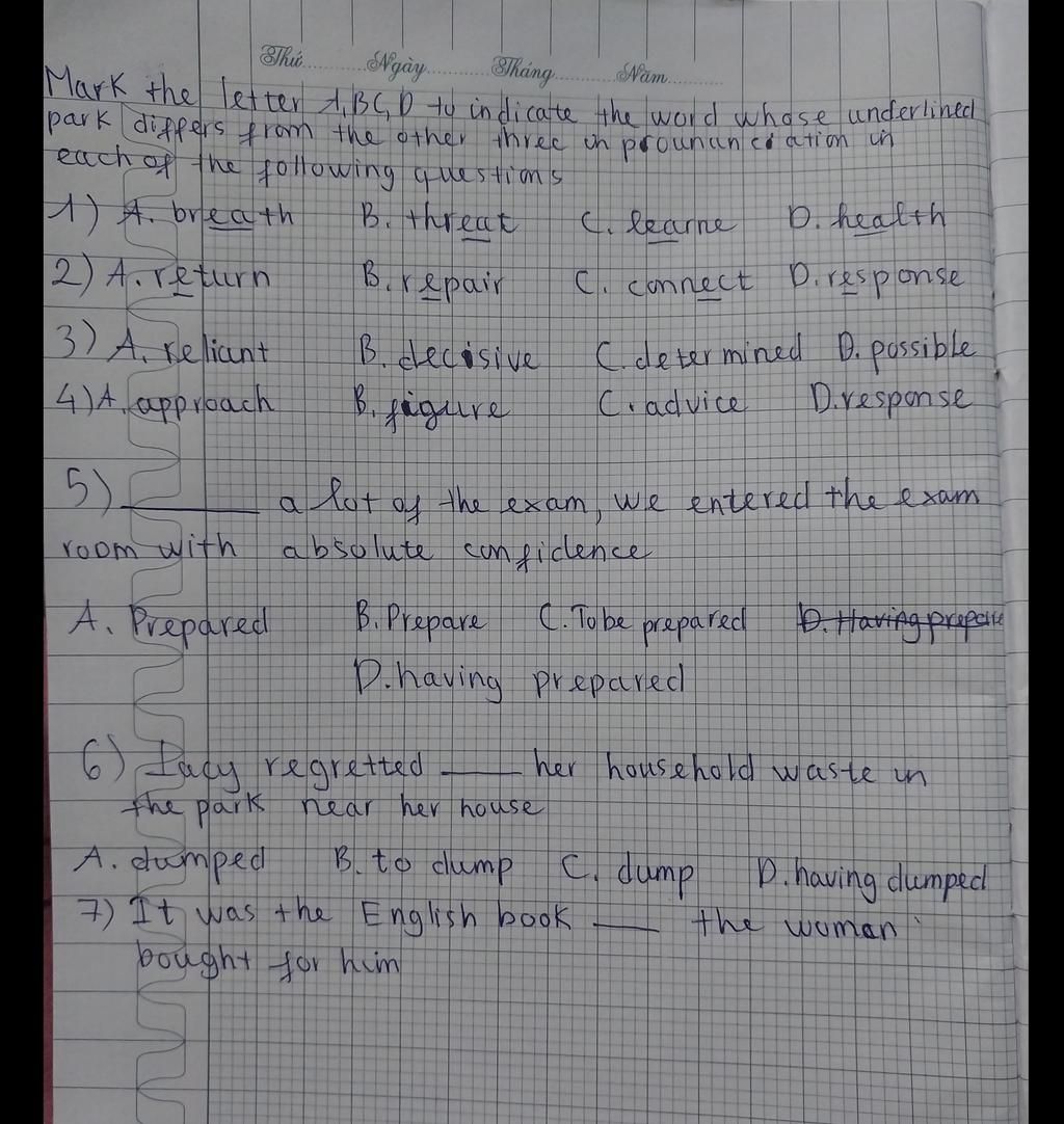 Thi có ngày Tháng Nam Mark the letter A, BC, D to indicate the word ...