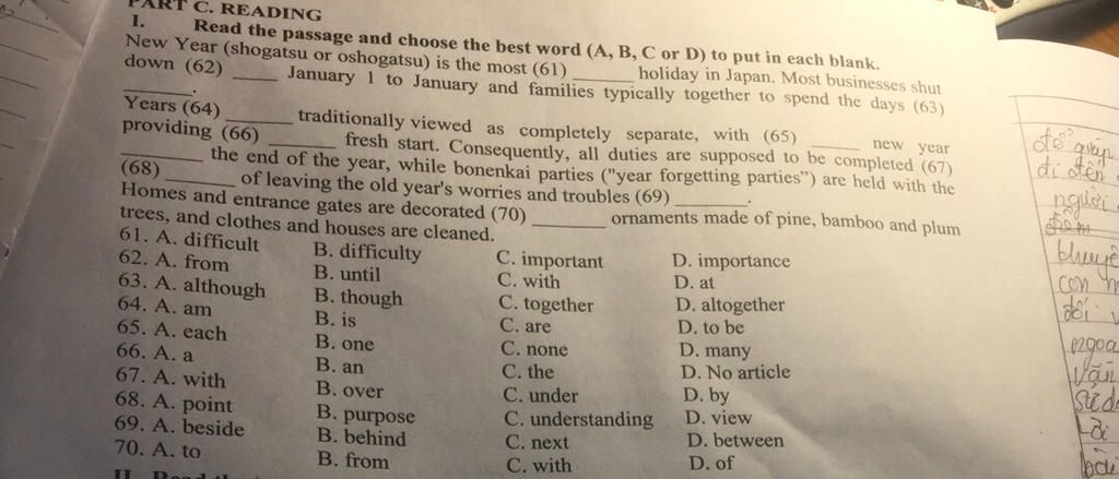 C. READING I. Read the passage and choose the best word (A, B, C or D ...