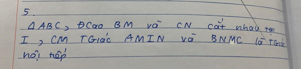 nhau tại 5. AABC, ĐCao BM và CN cat I CM TGiac AMIN να BNMC 2 ho tep la TGL