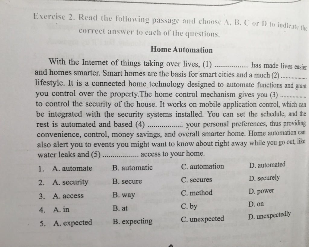 Exercise 2. Read the following passage and choose A, B, C or D to ...