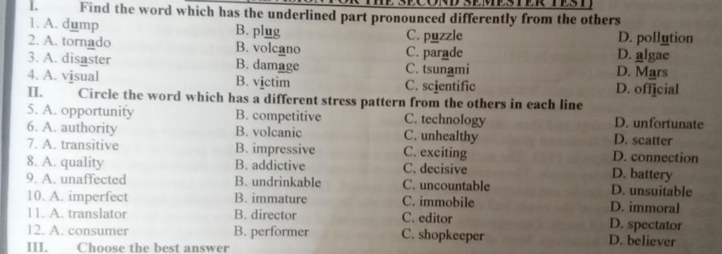 I. IEST Find the word which has the underlined part pronounced ...