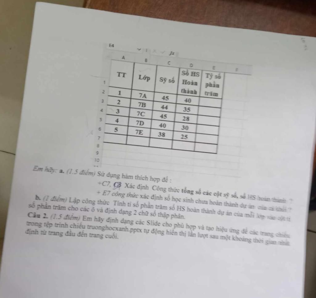 E4 A B C Jx D E Số HS Tỷ số TT Lop Sỹ số Hoàn phần 1 thành trám 2 3 12 ...