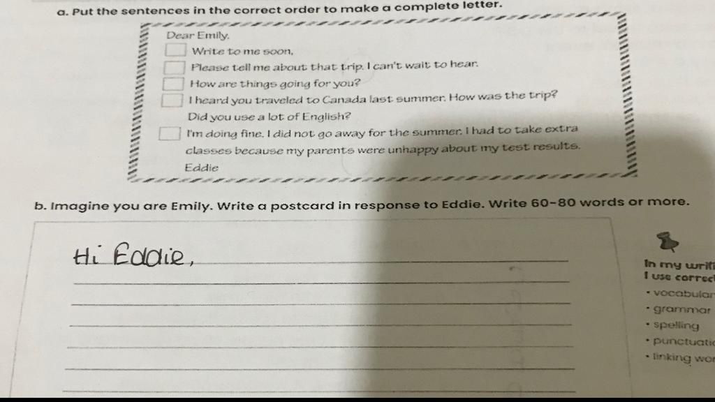 a. Put the sentences in the correct order to make a complete letter ...